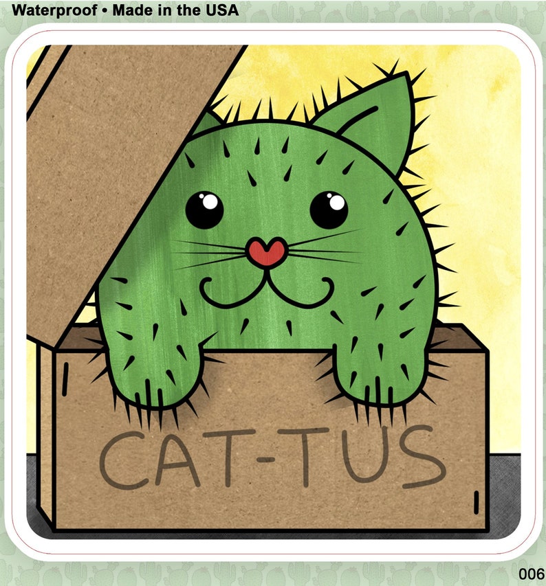 CAT TUS Sticker, Cute Botanical Decal, Succulent Desert Plant Sticker ...