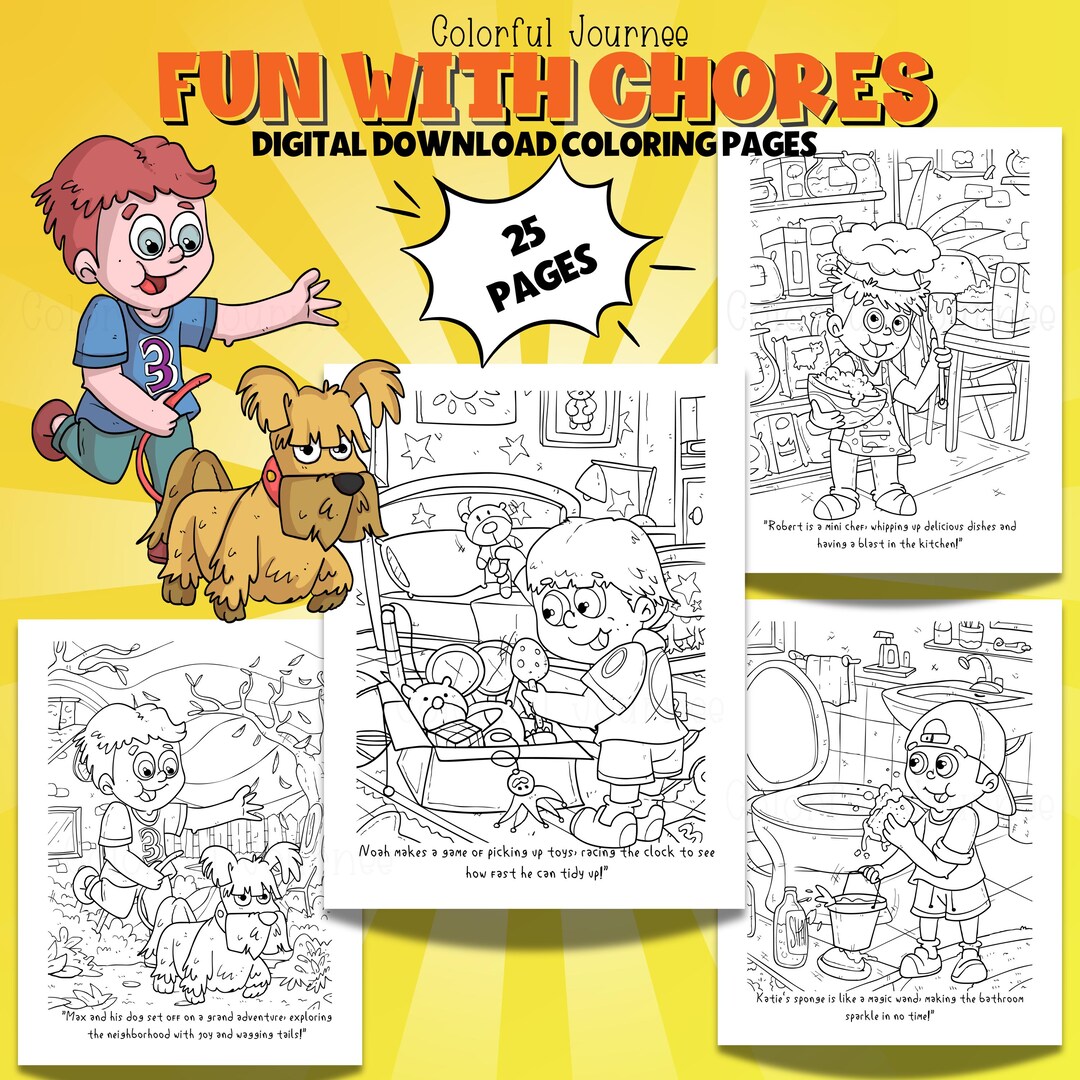 Fun With Chores Kids Coloring Pages, for Kids and Adults, Digital ...