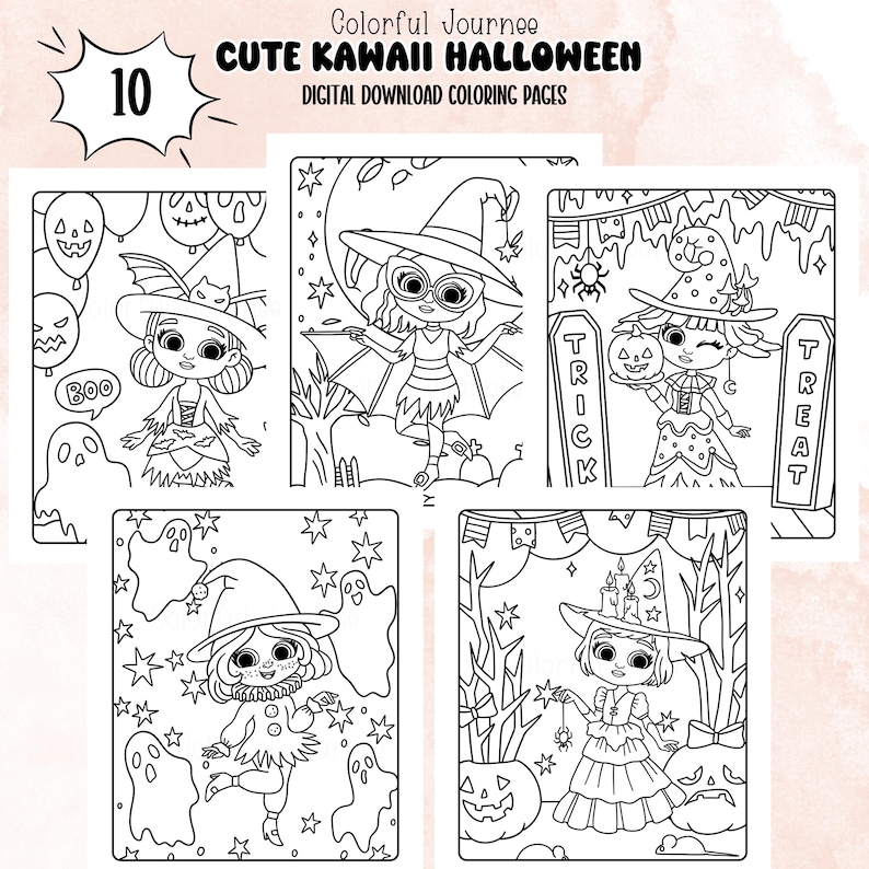 Cute Kawaii Halloween Coloring Book Pages, Cozy Coloring Pages, Spooky ...