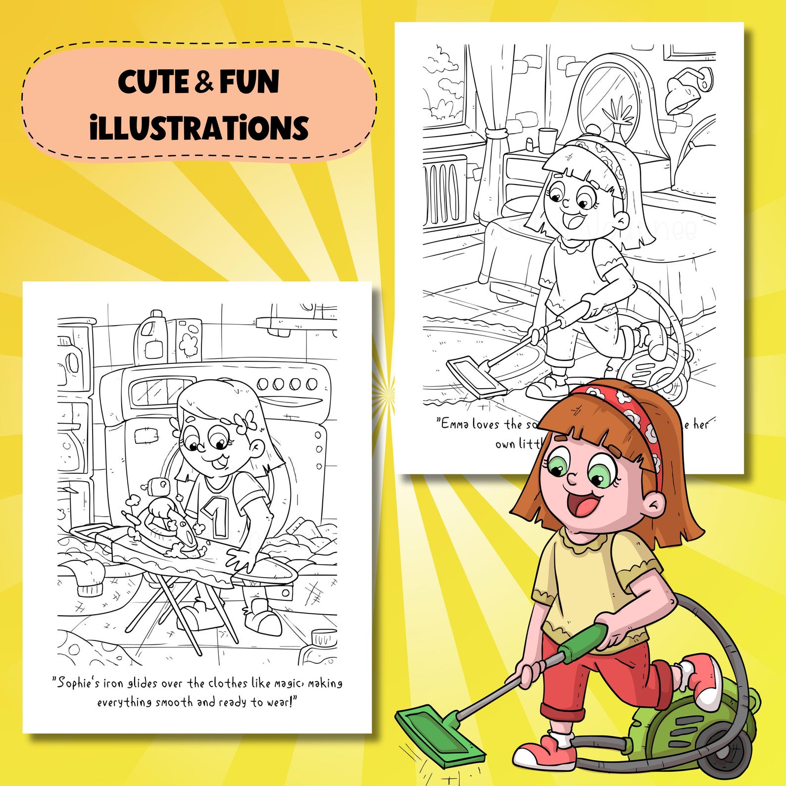Fun With Chores Kids Coloring Pages, for Kids and Adults, Digital ...