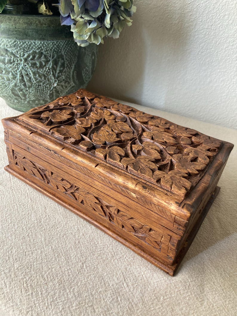 Handcarved Wood Box With Leaf and Floral Details - Etsy