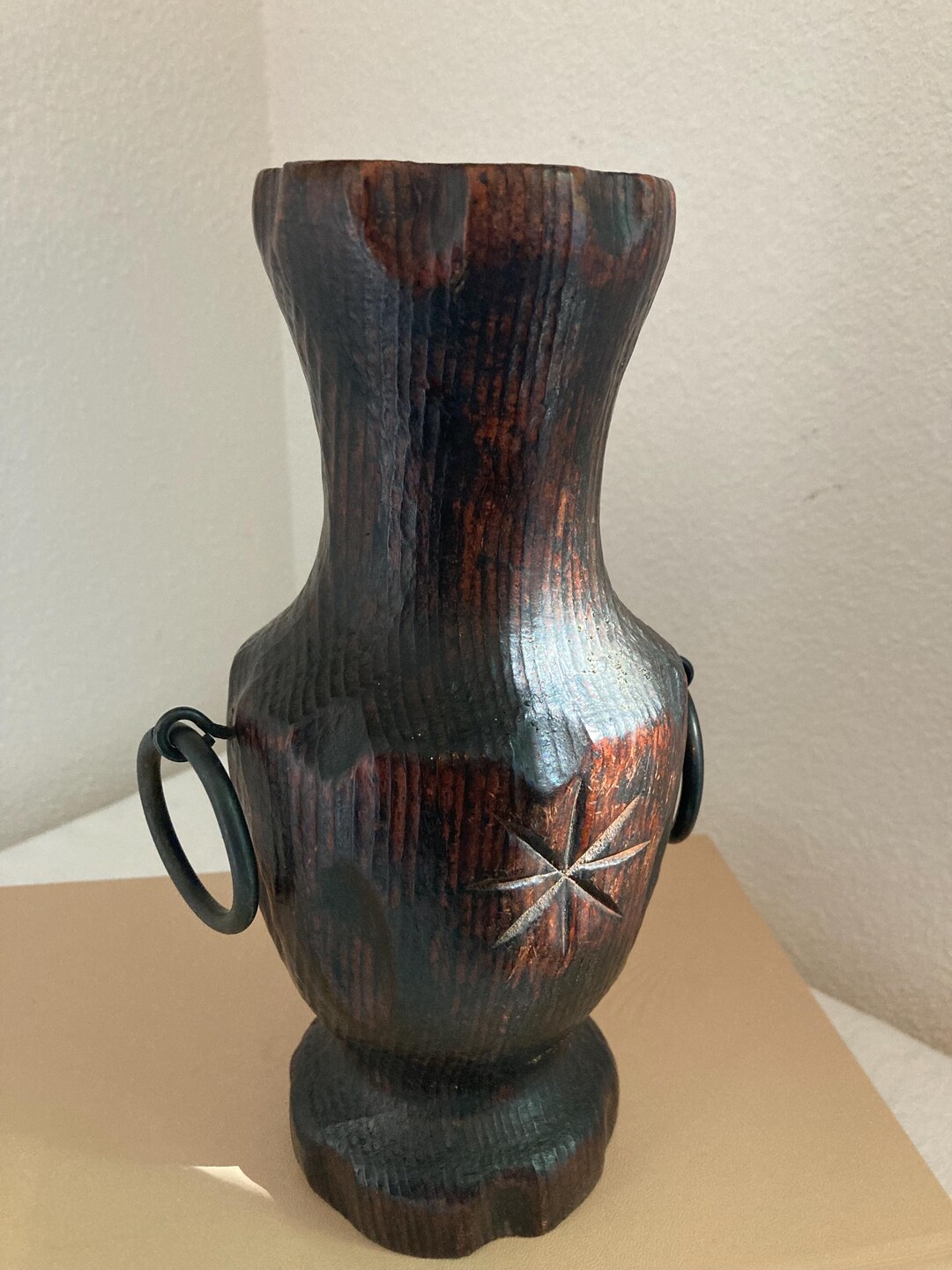 Unique Wood Spanish Vase With Metal Handles - Etsy