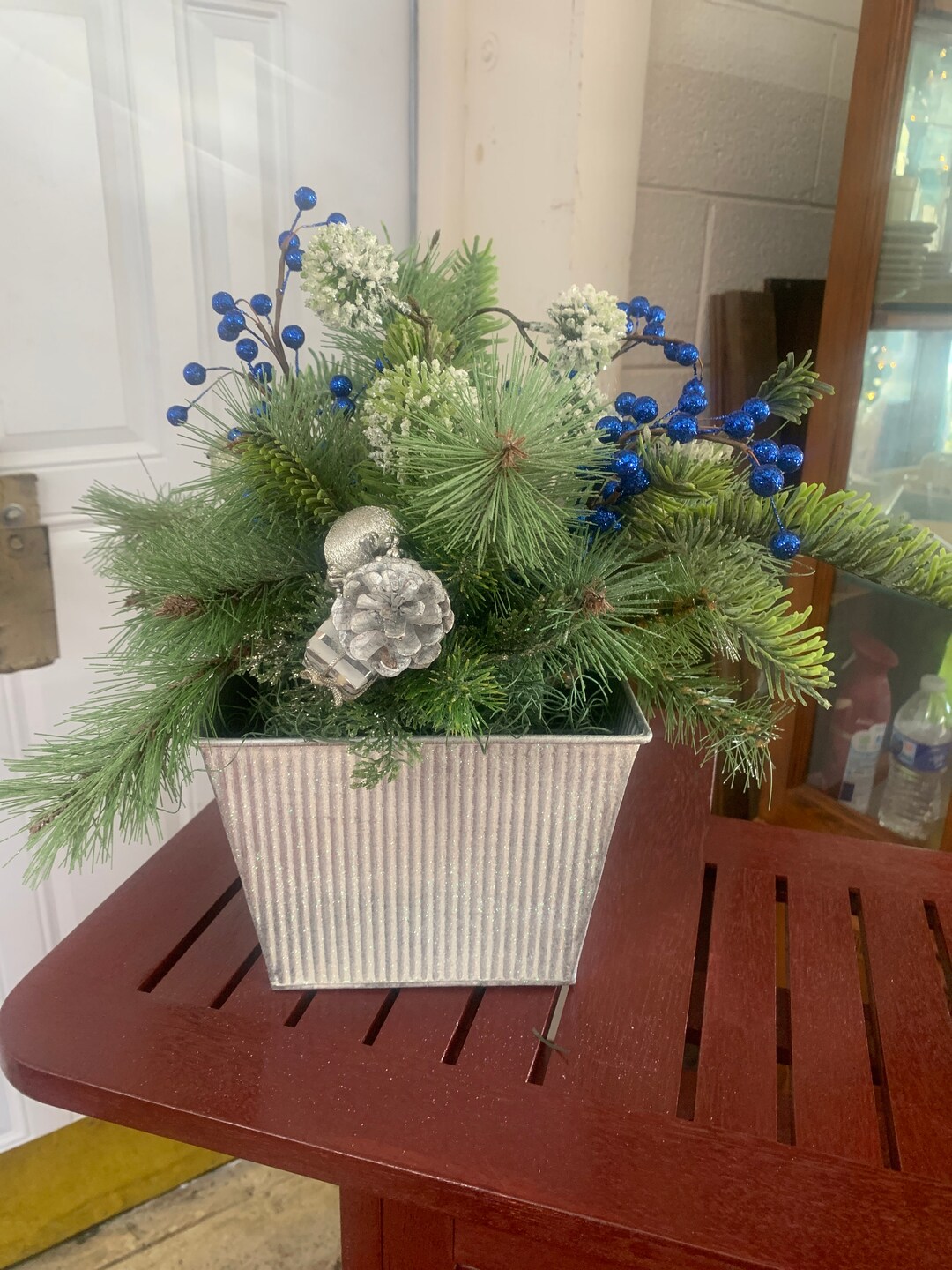 Silver and Blue Christmas Floral Arrangement - Etsy