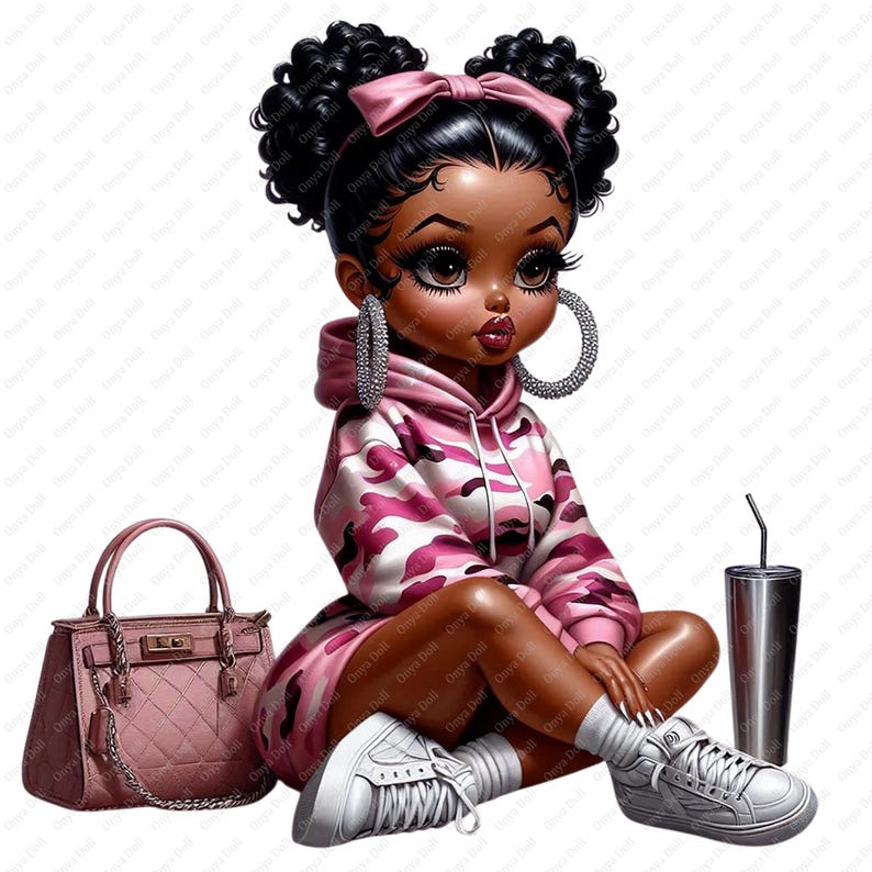 Pink Camo Baddie Boo PNG Clipart Bundle, African American Girls ...
