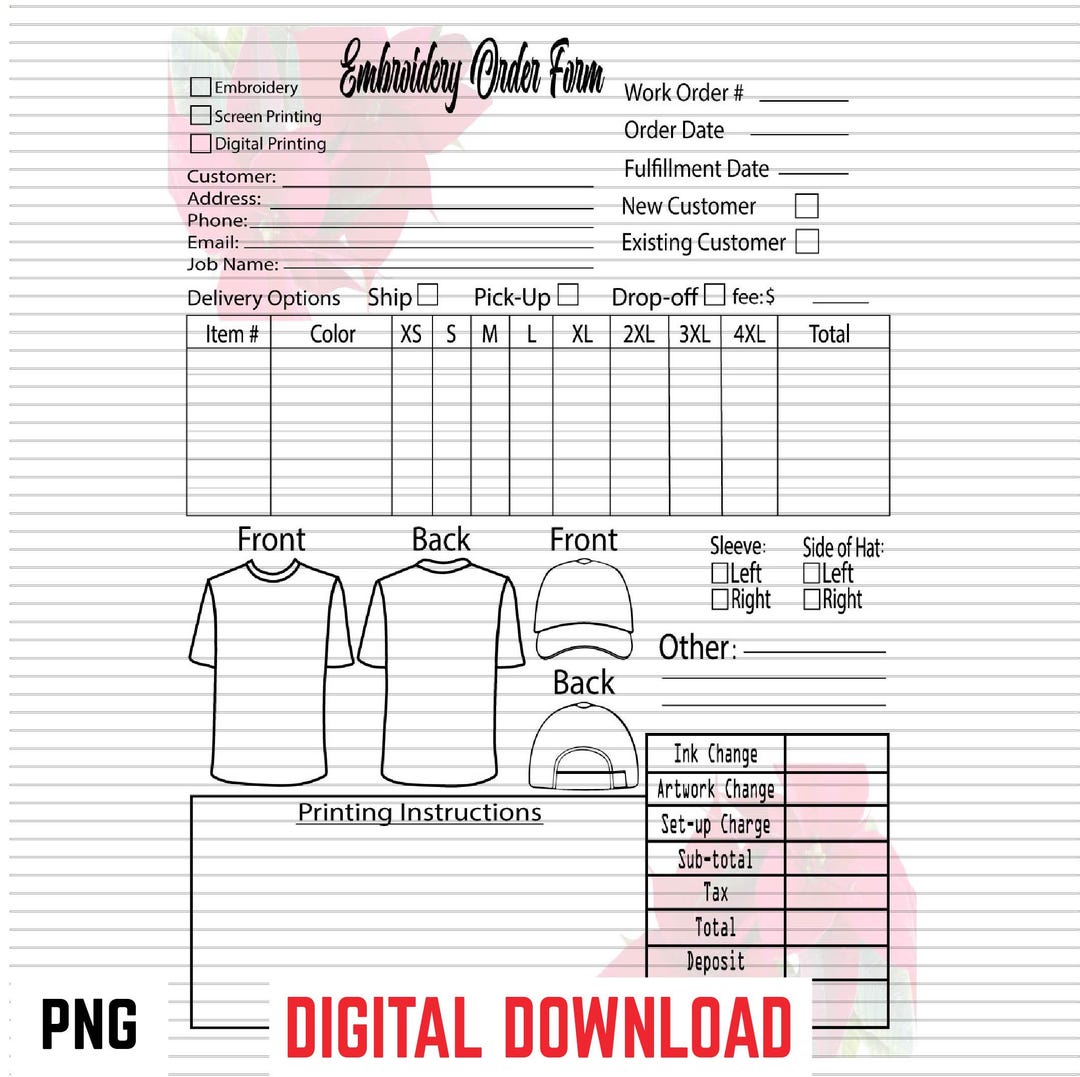 Embroidery Order Form: Printable Business Template (JPG) - Etsy