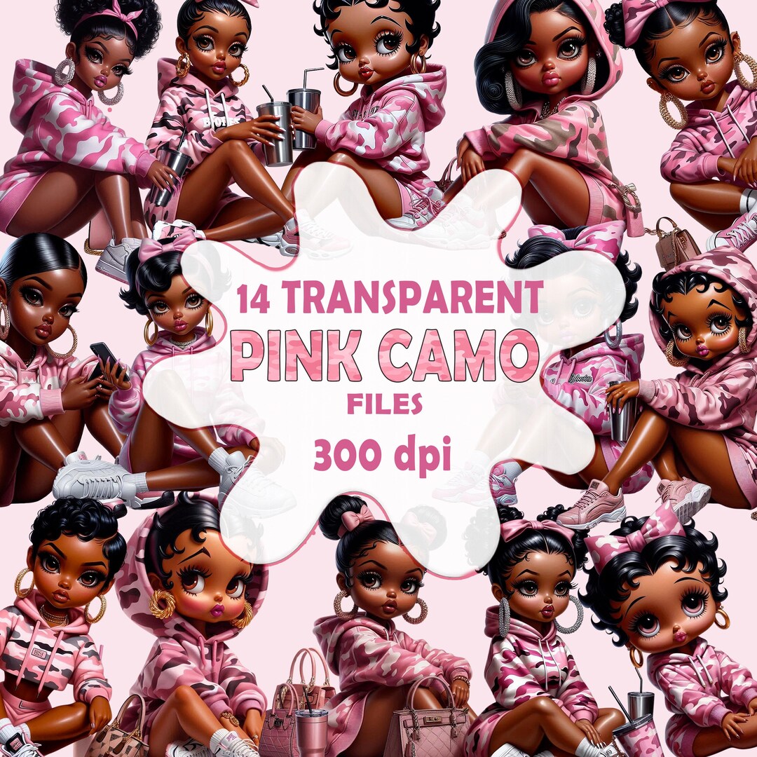 Pink Camo Baddie Boo PNG Clipart Bundle, African American Girls ...