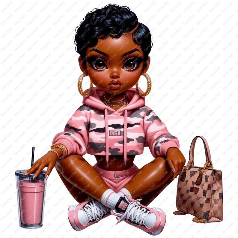 Pink Camo Baddie Boo PNG Clipart Bundle, African American Girls ...