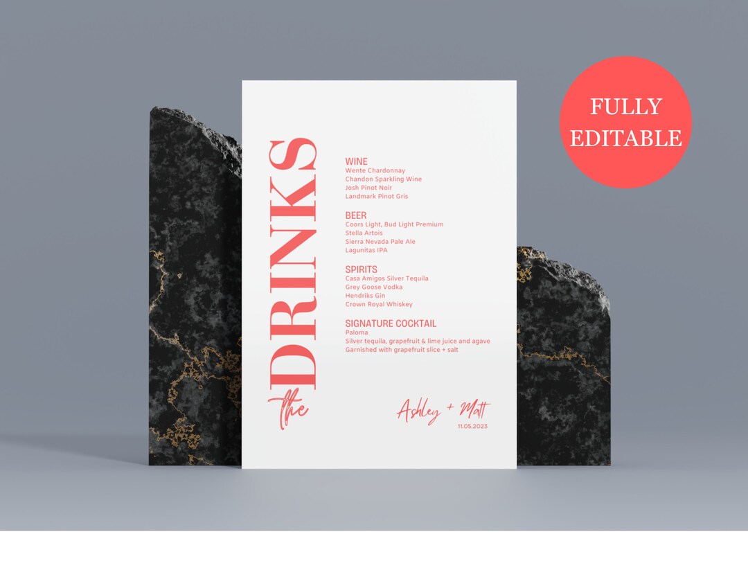 Drink Menu Sign Modern Drink Menu Template Minimalist Wedding Bar Menu ...