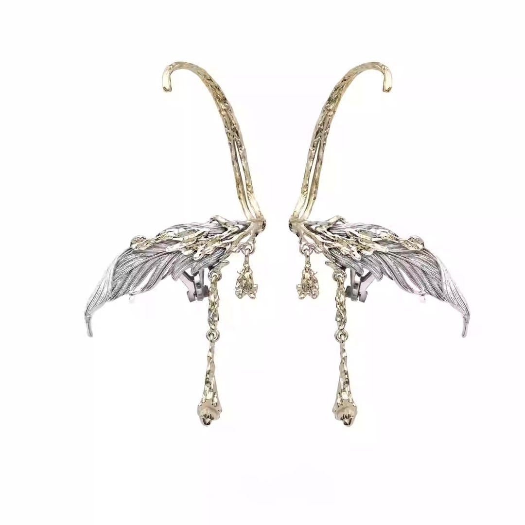 Fallen Feathers of Angel Wings Ear Cuffs: Gold & Black, No Piercing ...