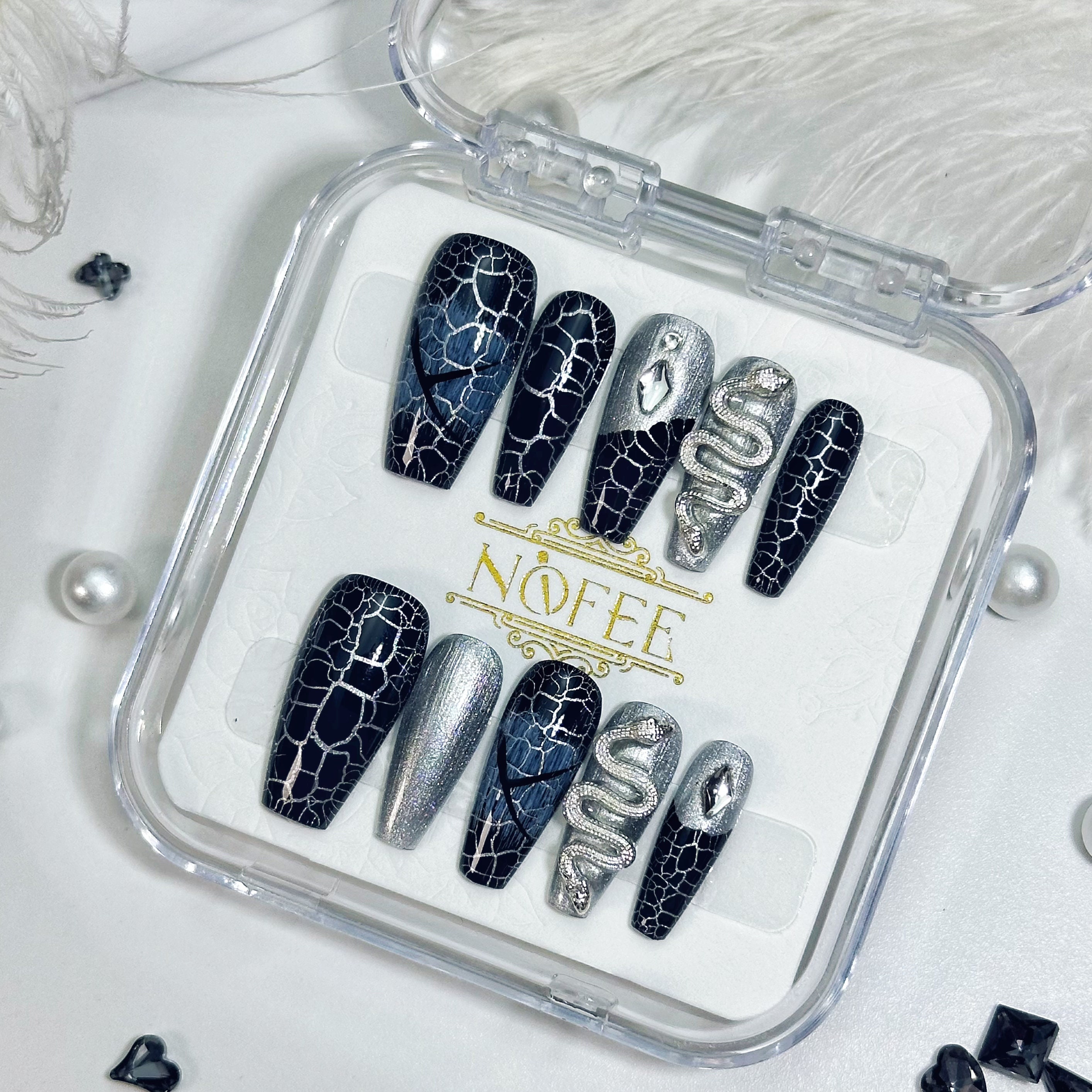 Dark Snake Skin Press on Nails/long/t-shape/gothic/handpainted Fake ...