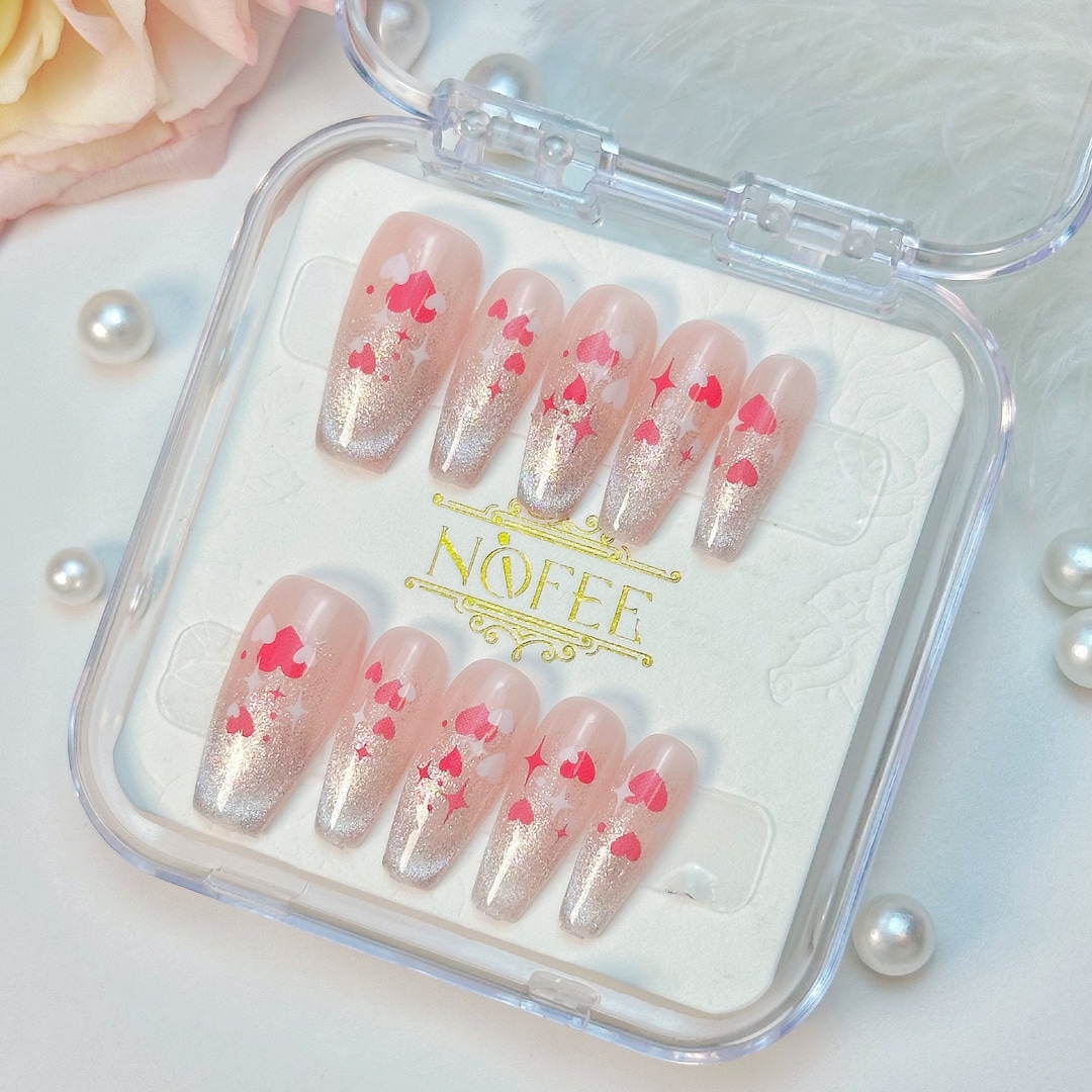 Pink Heart Glitter Press on Nails: Valentine's Day Luxury Manicure - Etsy