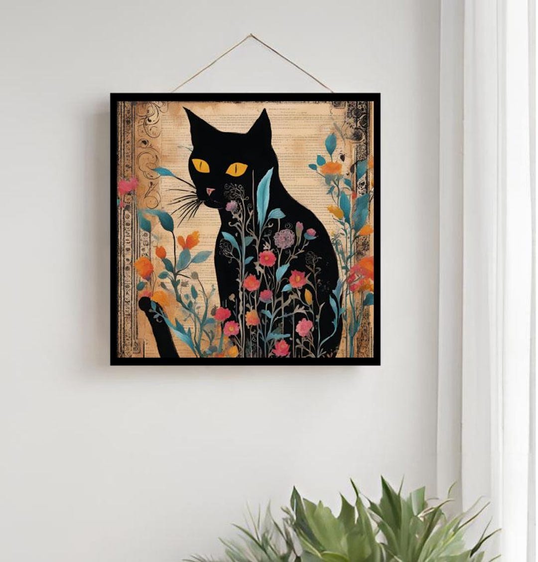 Vintage Black Cat Boho Wall Art Poster Digital Download, 60 X 60 Cm ...