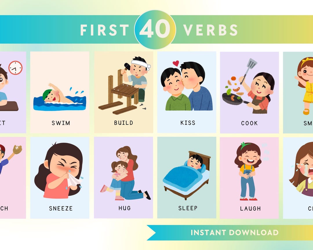 FIRST 40 VERBS | Montessori Flashcards | Pre-school Cards | Educational ...
