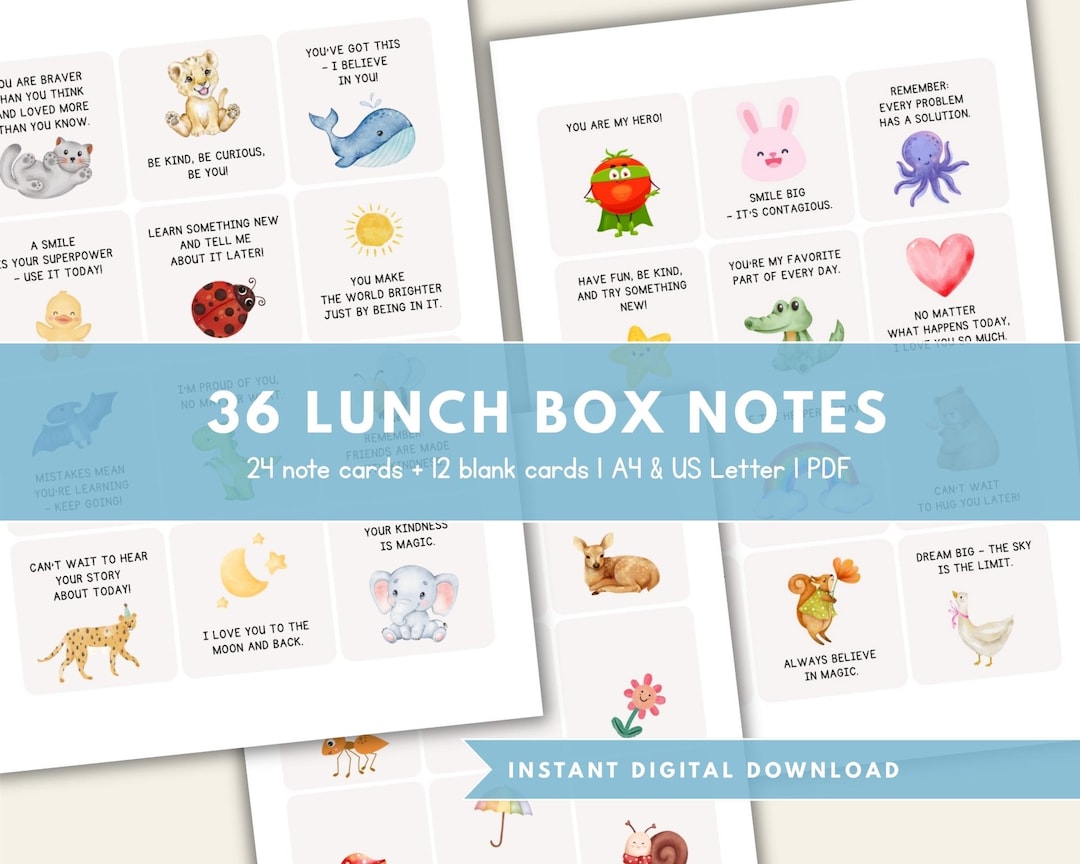 Printable LUNCH BOX Notes for Kids – 24 Ready-made Messages + 12 Blank ...