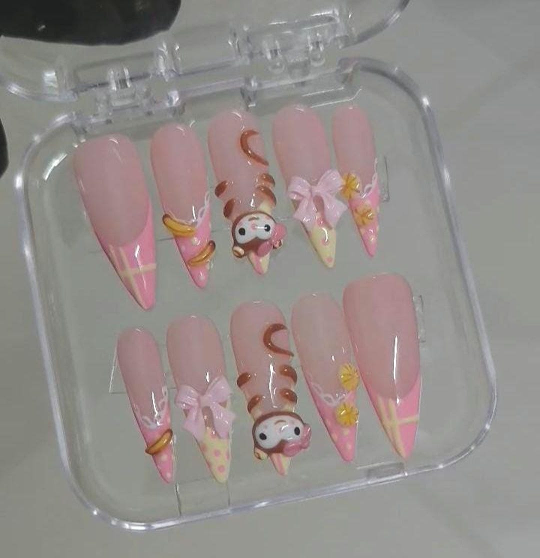 Cute 3D Monkey Press on Nails | Kawaii Animal Aesthetic Nails | Brown ...