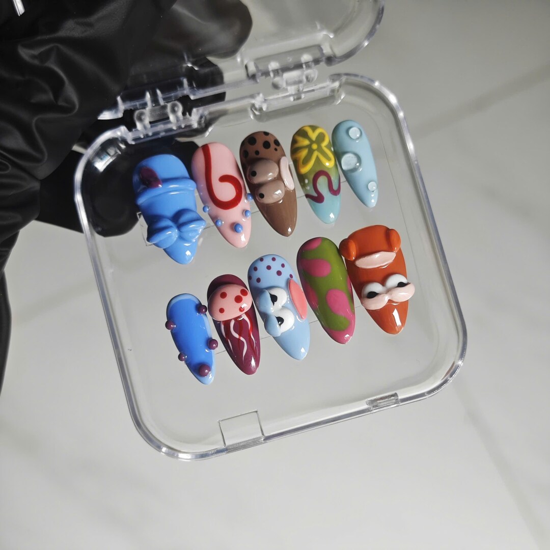 3D Spongebob Press on Nails: Squid and Fish Cartoon Nail Art - Etsy