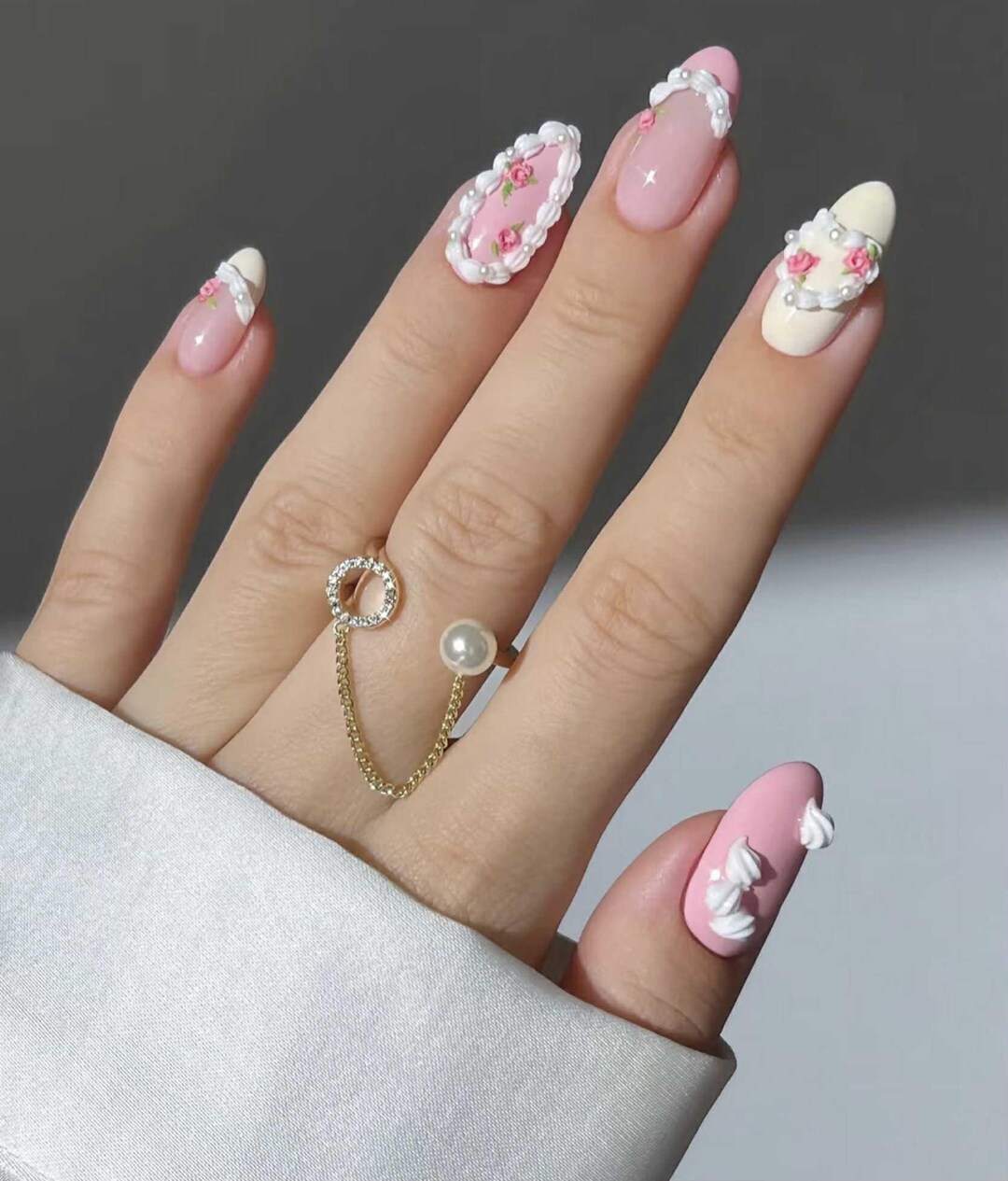 Romantic Pink Press on Nails, 3D Icing Heart and Cream Cake Nail Set ...