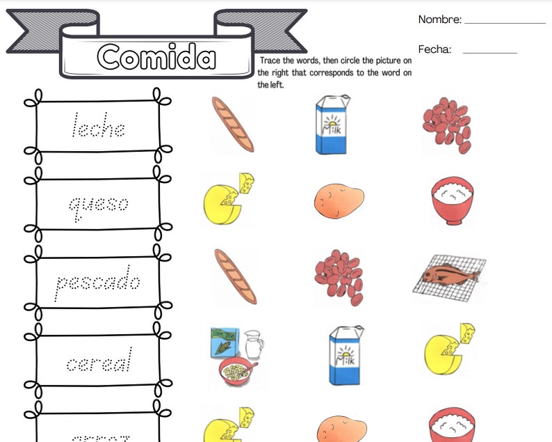 Spanish Vocabulary Worksheets Comida - Etsy