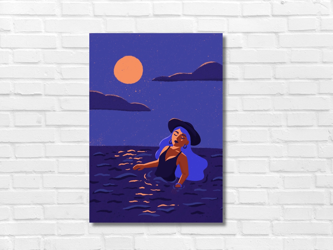 Poster Midnight Bath Poster Illustration A3 A4 Wall Art, Wall Art ...