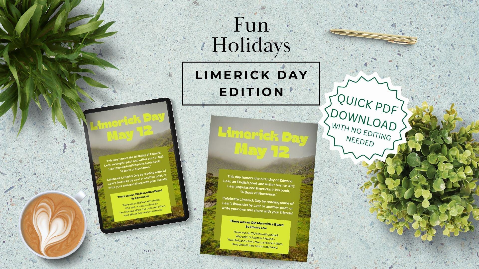 Limerick Day Printable Poster, May 12 Holiday, Edward Lear Poetry ...