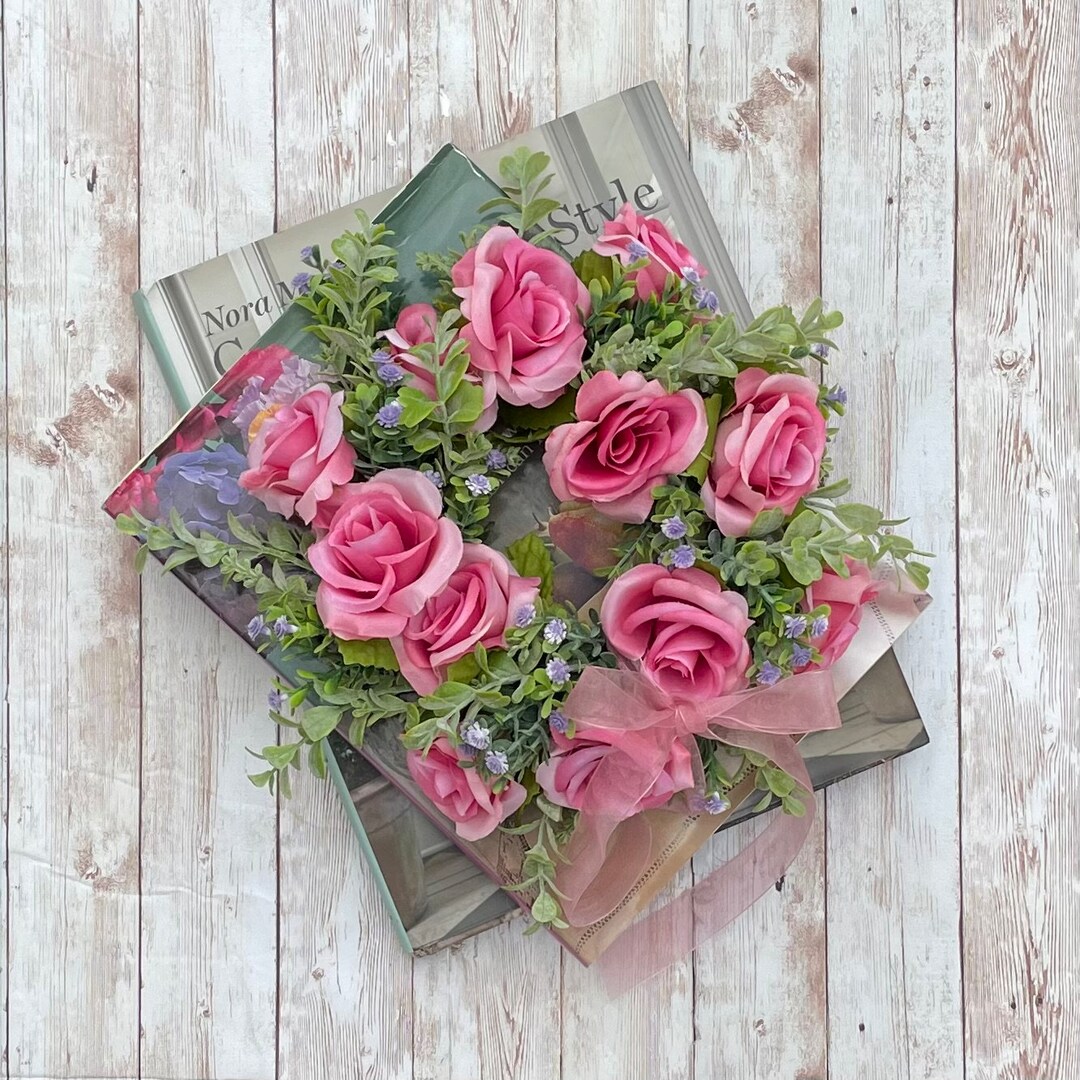 Mini Rose Wreath, Spring Wreath, Pink Farmhouse Wreath, Small Kitchen ...