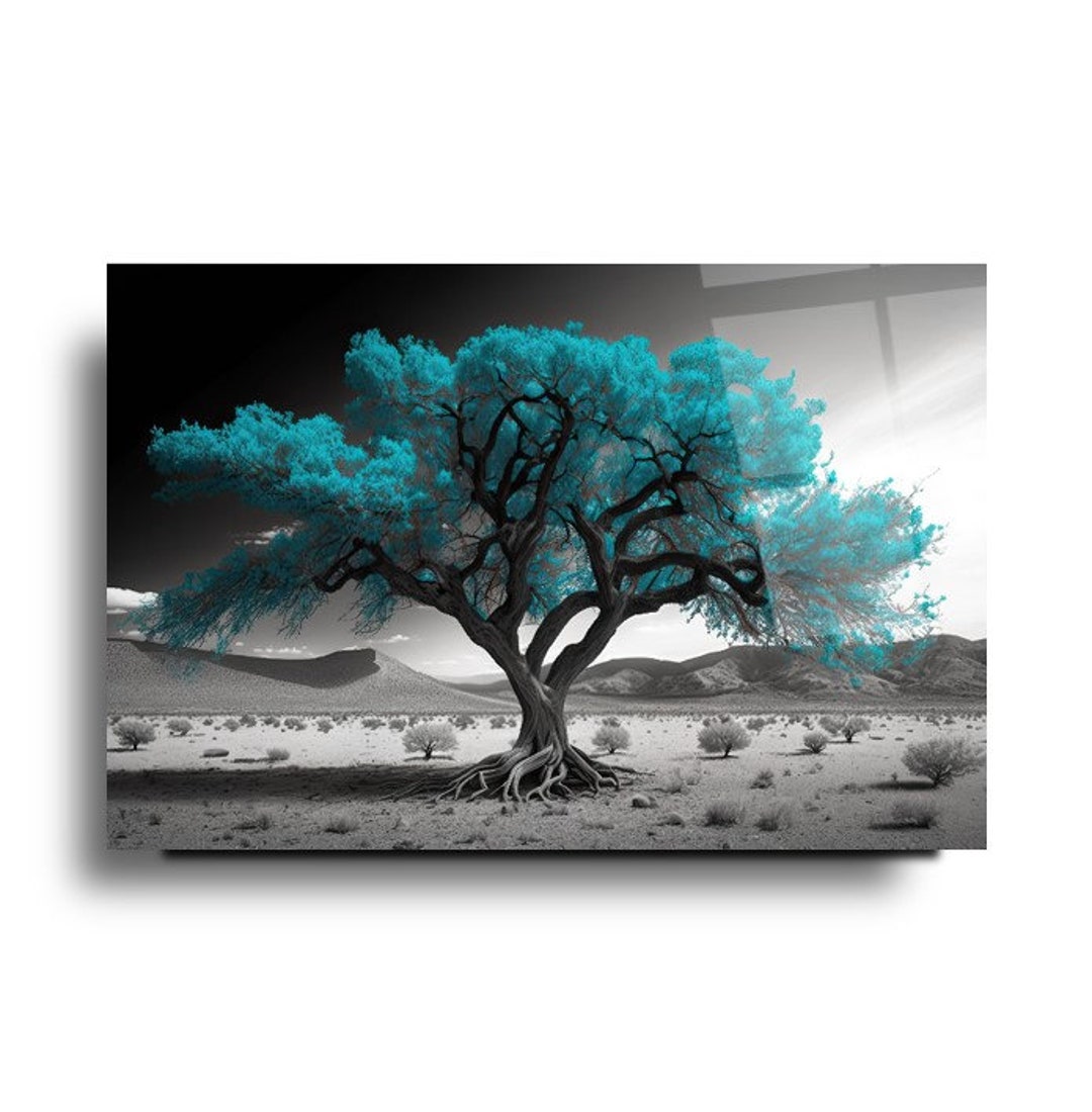 Turquoise Tree a Painting of A Blue Tree With Black and White Desert ...