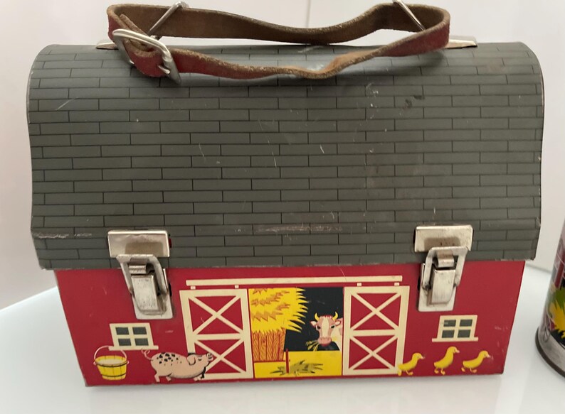 Vintage 1950's Red Barn With Farm Animals Lunch Box and Silo Thermos ...