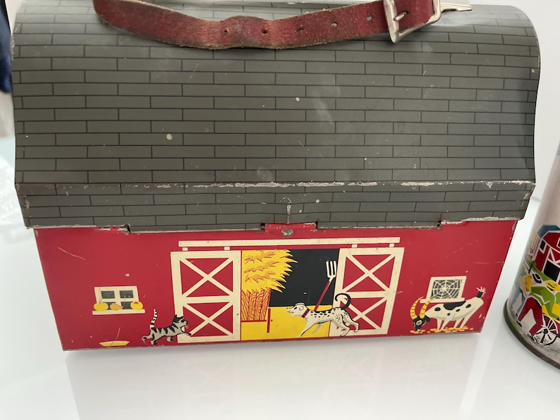 Vintage 1950's Red Barn With Farm Animals Lunch Box and Silo Thermos ...