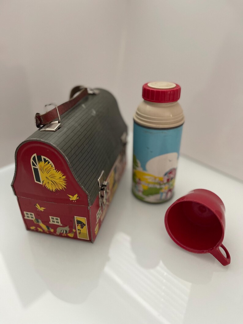 Vintage 1950's Red Barn With Farm Animals Lunch Box and Silo Thermos ...