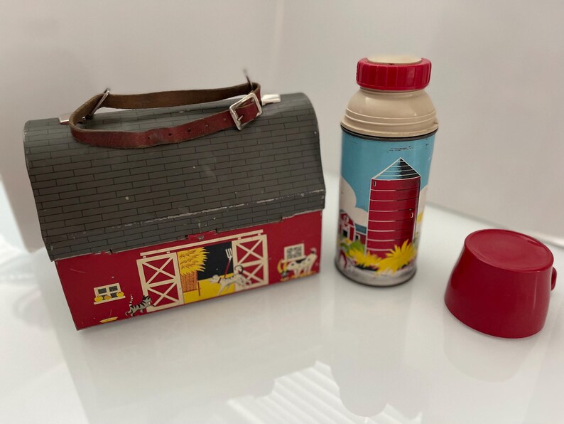 Vintage 1950's Red Barn With Farm Animals Lunch Box and Silo Thermos ...