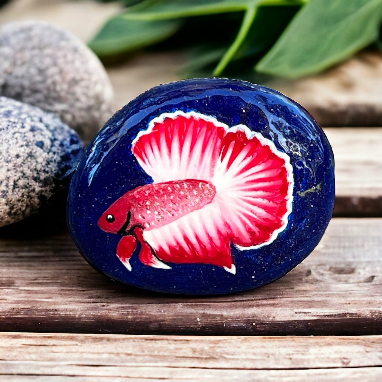 Red and White Betta Painting on Stone - Etsy