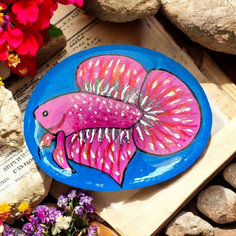 Hand-painted Betta Fish Art Stone Colorful Aquatic Decor, Unique Rock ...