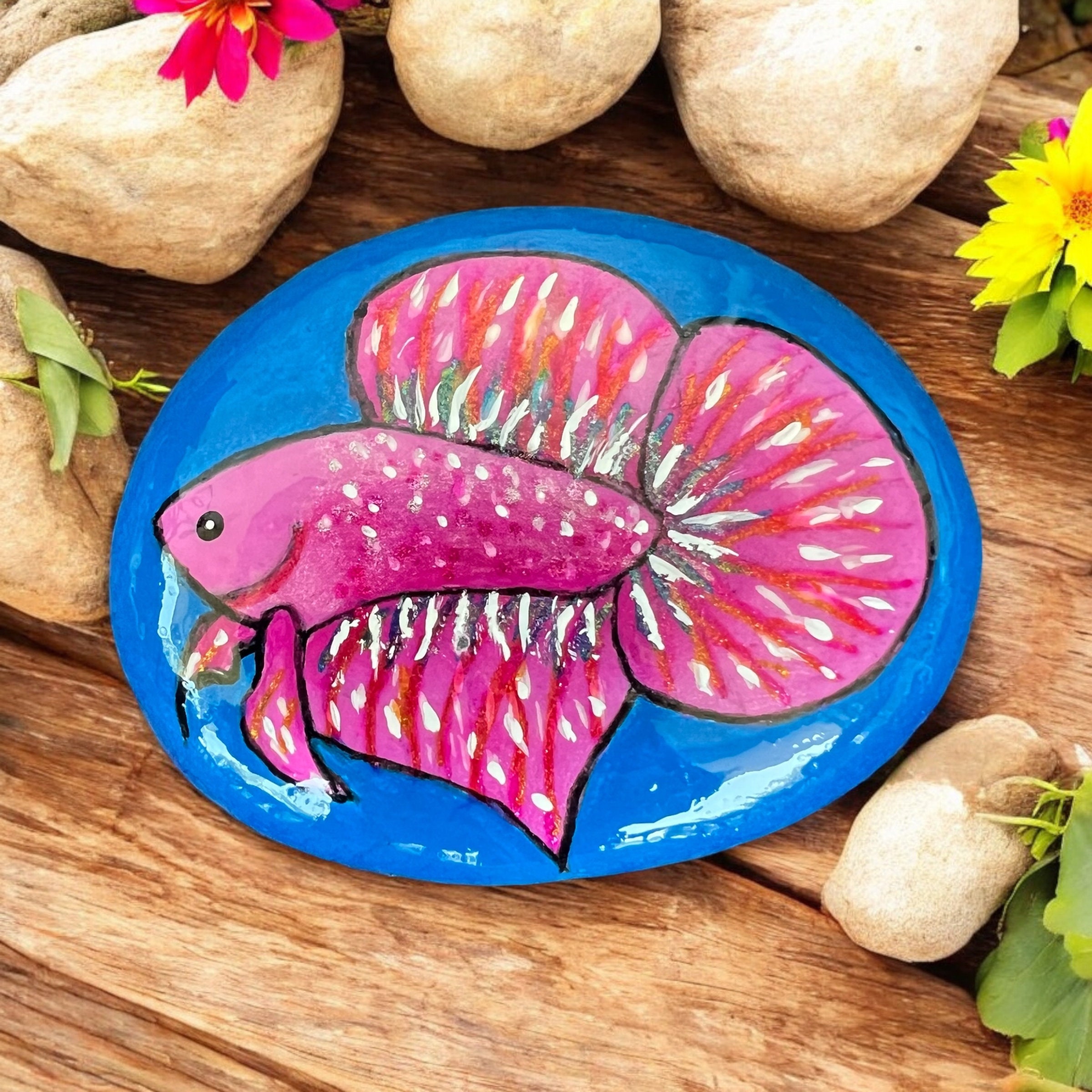Hand-painted Betta Fish Art Stone Colorful Aquatic Decor, Unique Rock ...