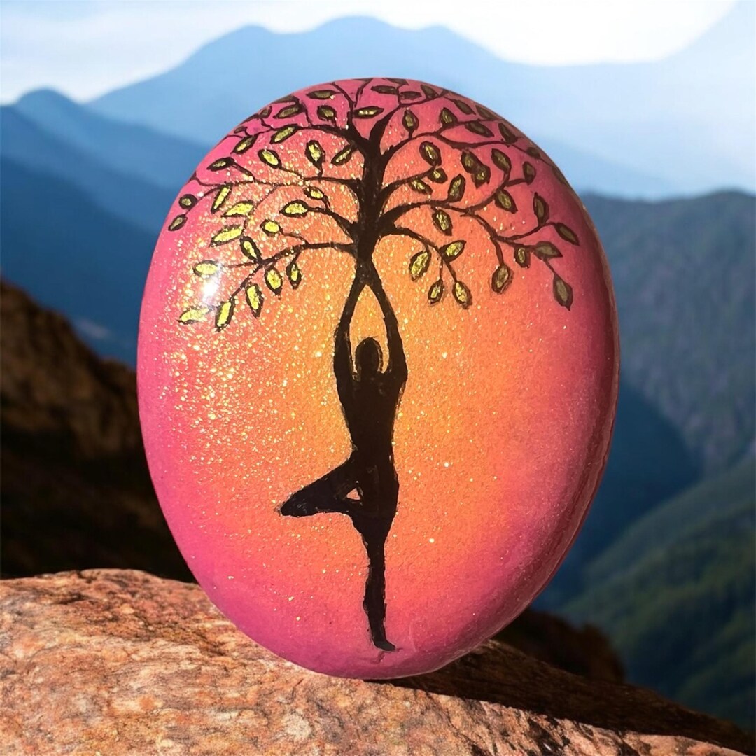 Yoga Painted Rock Art, Tree Pose Design on Natural Stone, Perfect for ...