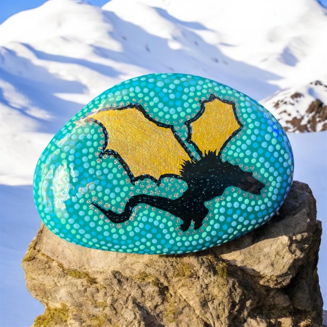 Dragon Painted Rock, Pointillism Artwork, Fantasy Home Decor, Gold ...