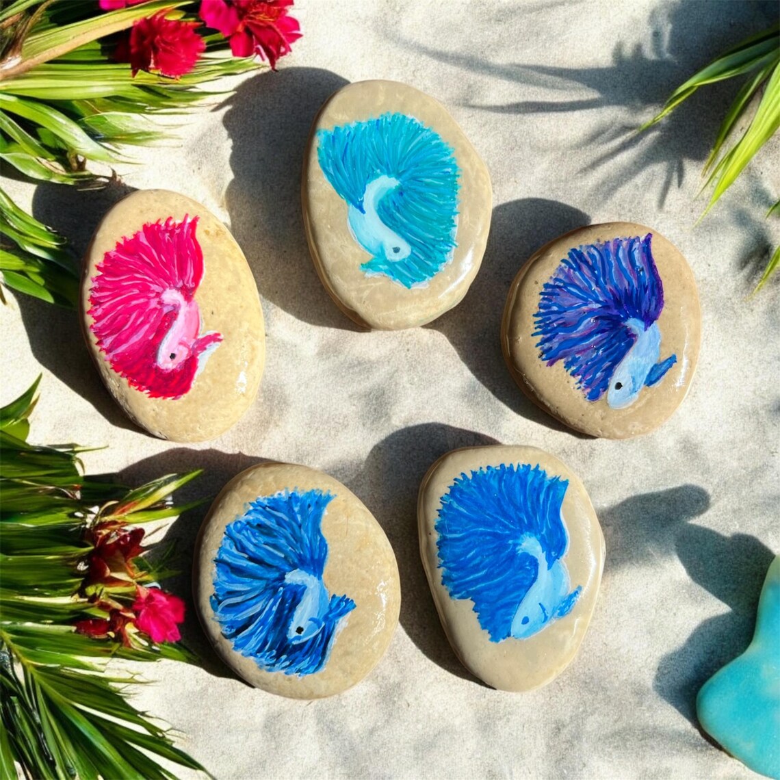 Hand-painted Betta Fish Stones: A Splash of Blue and Red for Aquatic ...