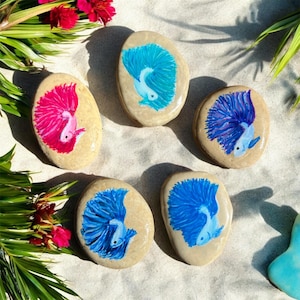 Hand-painted Betta Fish Stones: A Splash of Blue and Red for Aquatic ...