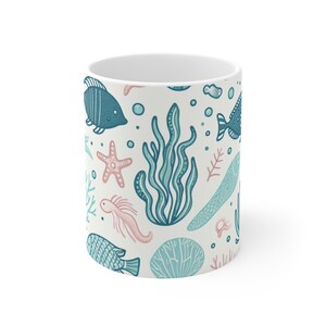 Ocean Life Coffee Mug Cute Fish and Coral Pattern Ceramic Cup for Beach ...