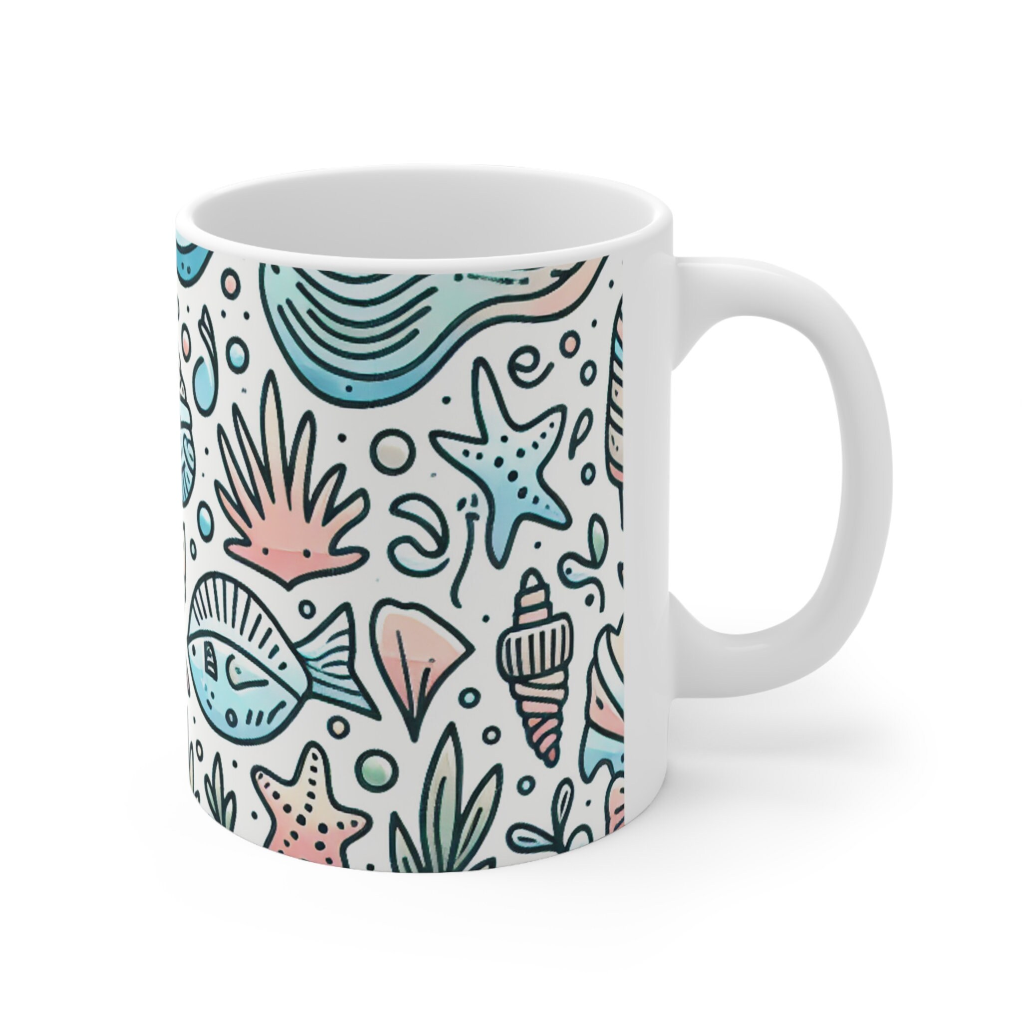 Ocean Themed Ceramic Mug Hand Illustrated Seashells and Waves Unique ...