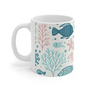 Ocean Life Coffee Mug Cute Fish and Coral Pattern Ceramic Cup for Beach ...