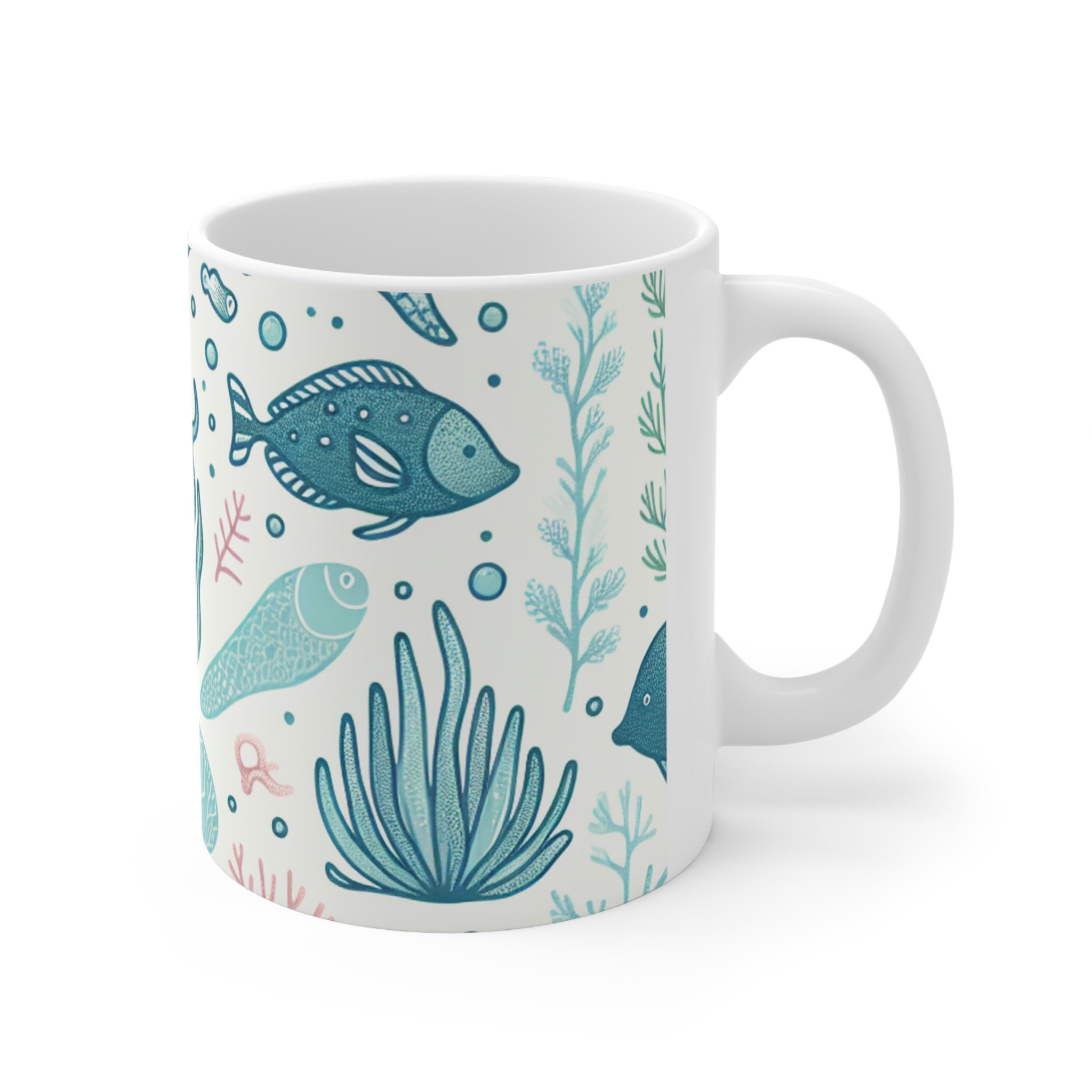 Ocean Life Coffee Mug Cute Fish and Coral Pattern Ceramic Cup for Beach ...