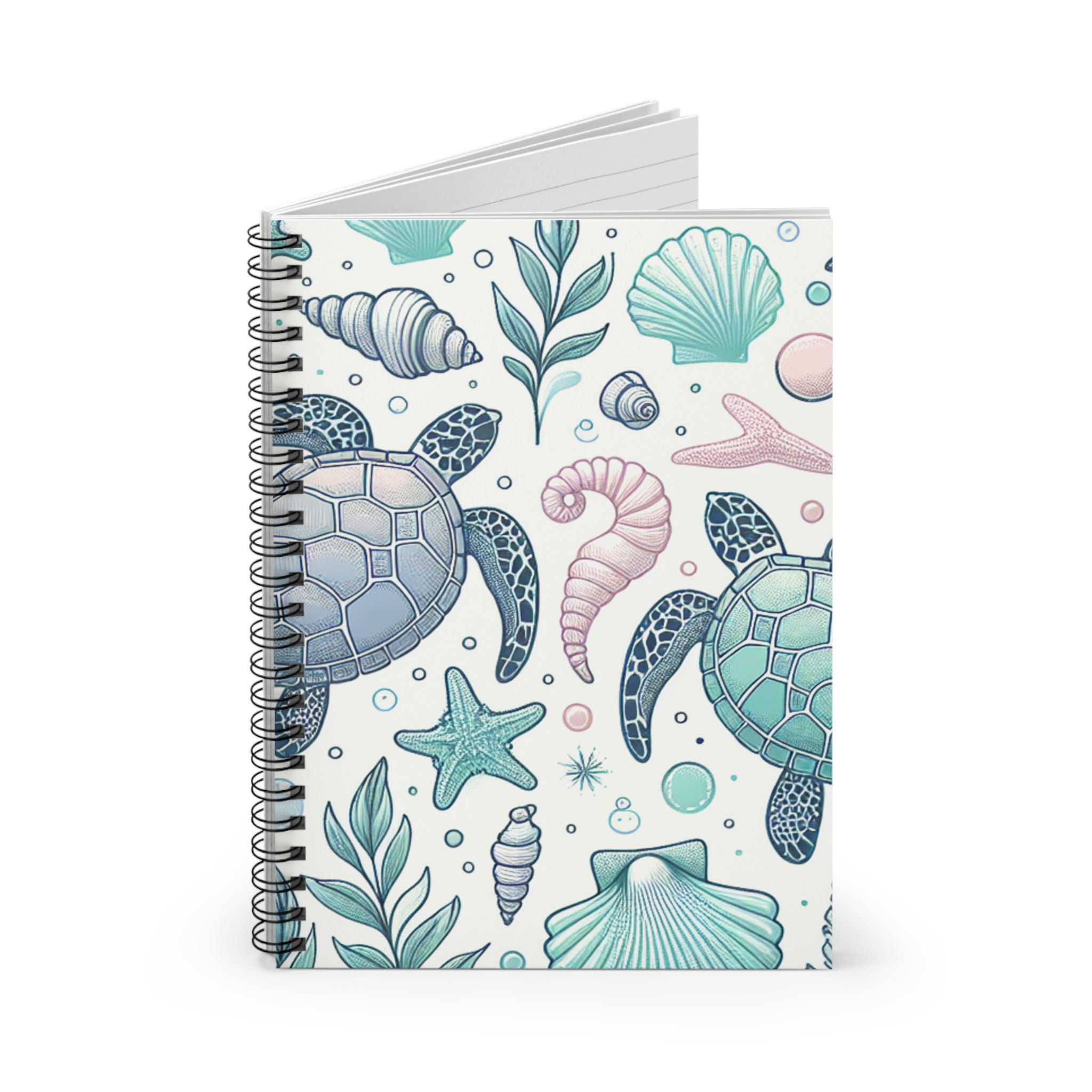 Ocean Life Spiral Notebook Sea Turtle & Seashell Pattern Journal for ...
