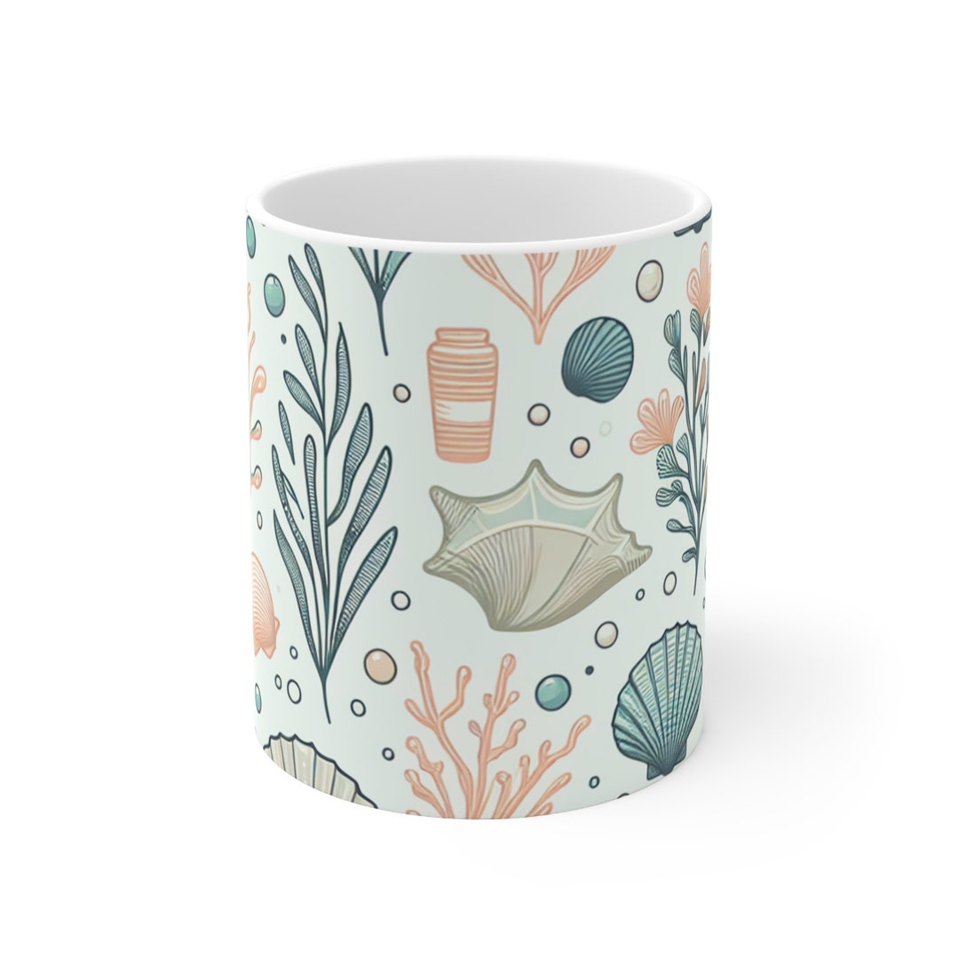 Ocean Themed Coffee Mug Hand Illustrated Seashells and Starfish Ceramic ...
