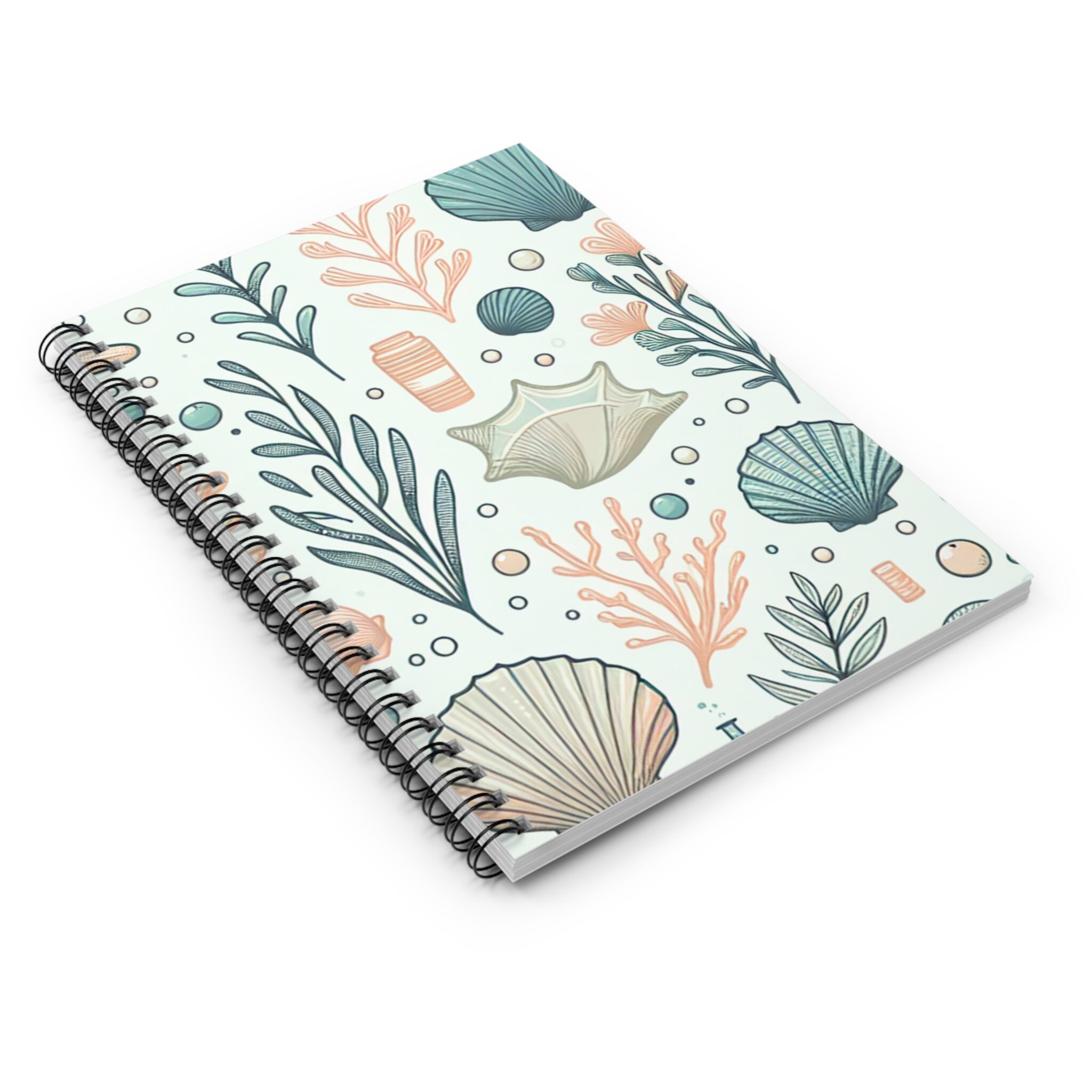 Ocean Themed Spiral Notebook - Sea Shell and Coral Design, Aqua Marine ...