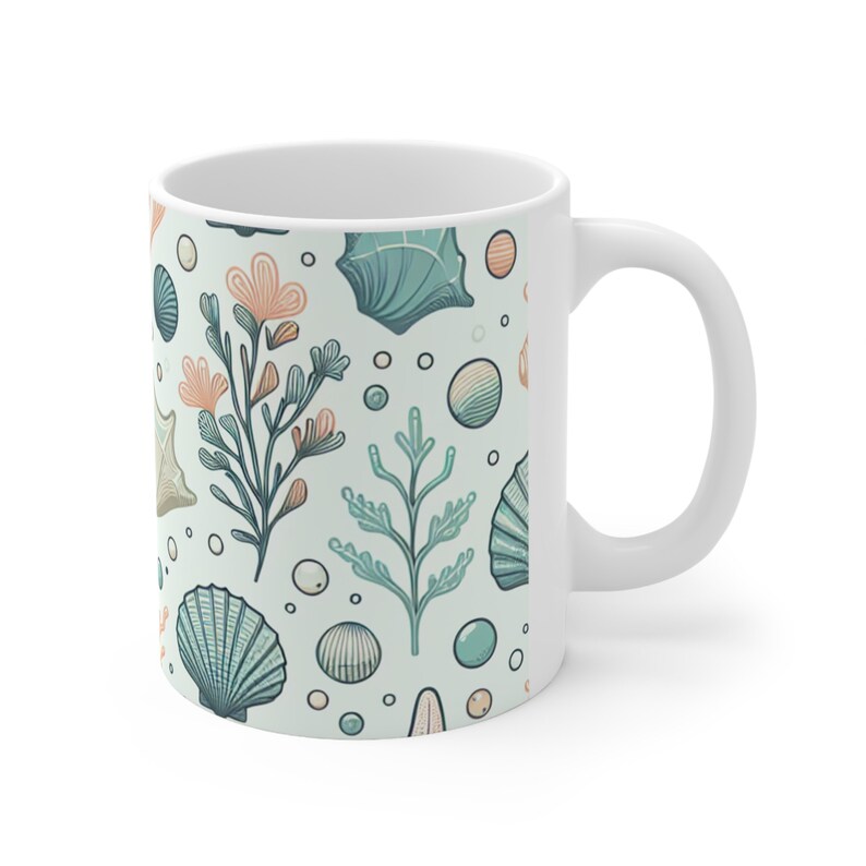 Ocean Themed Coffee Mug Hand Illustrated Seashells and Starfish Ceramic ...