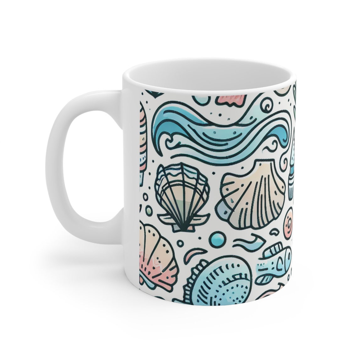 Ocean Themed Ceramic Mug Hand Illustrated Seashells and Waves Unique ...
