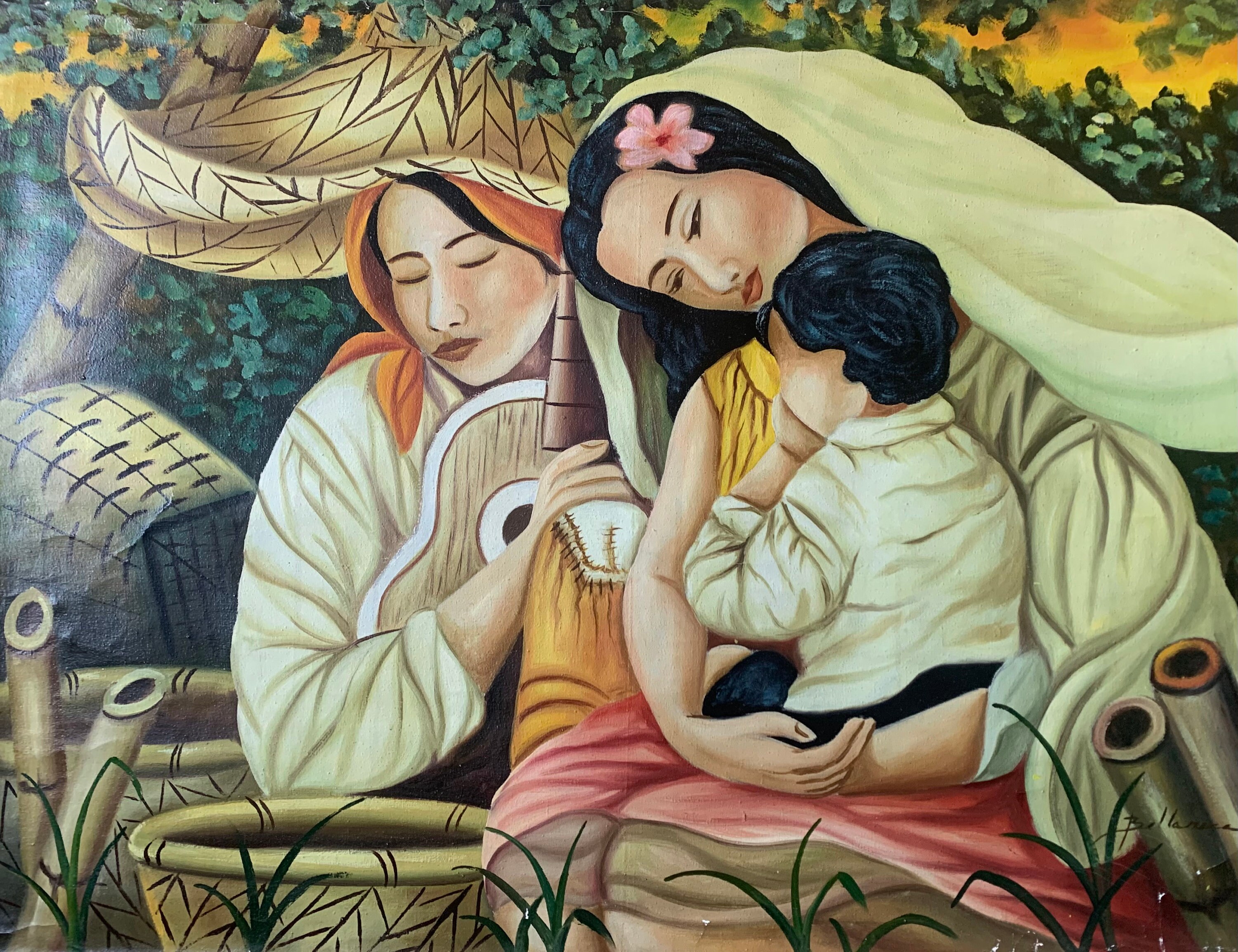 Large, Vintage Filipino Painting, Oil on Canvas, Women & Child, With ...