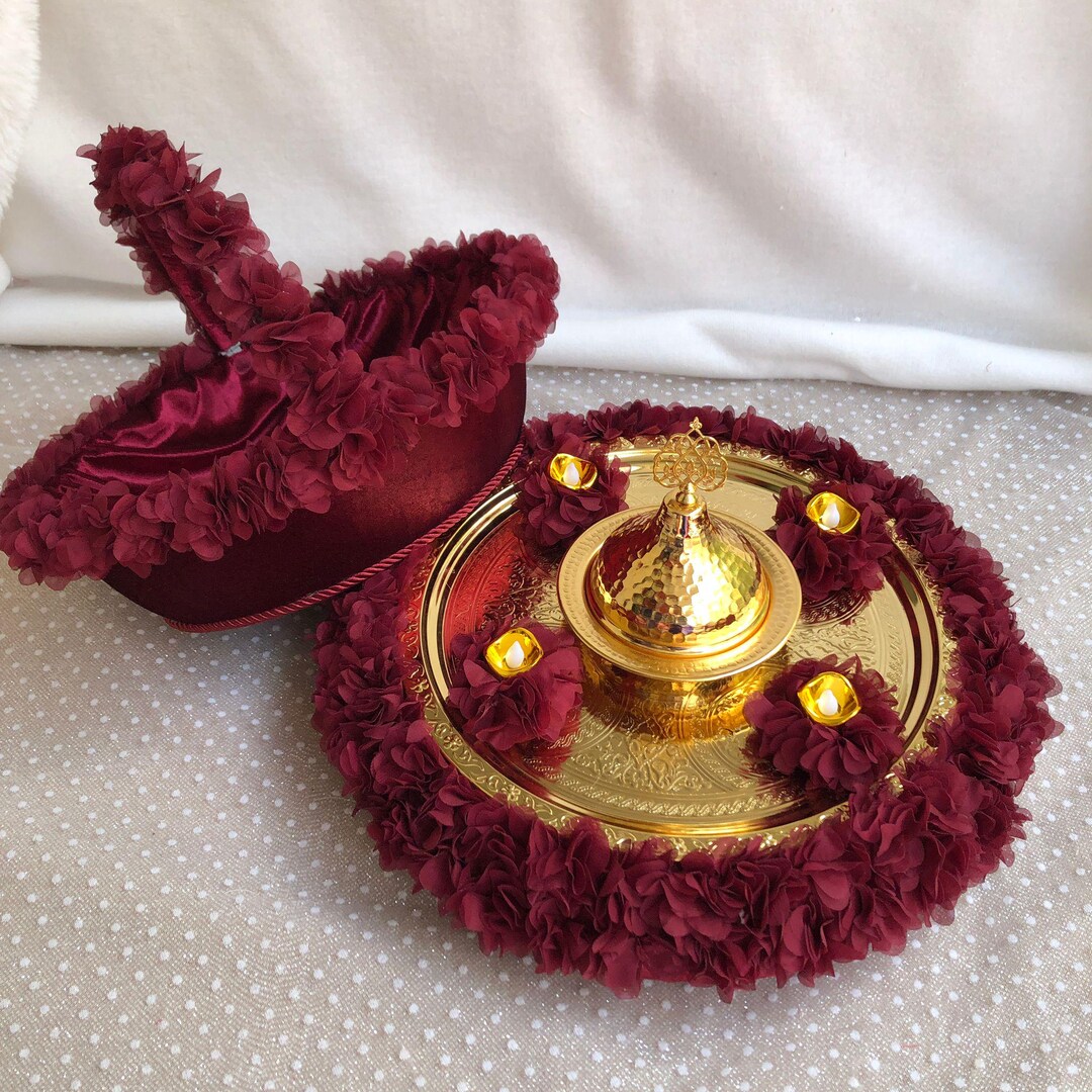 Turkish Henna Tray and Basket: Velvet Fabric and Flower Decor With Gold ...