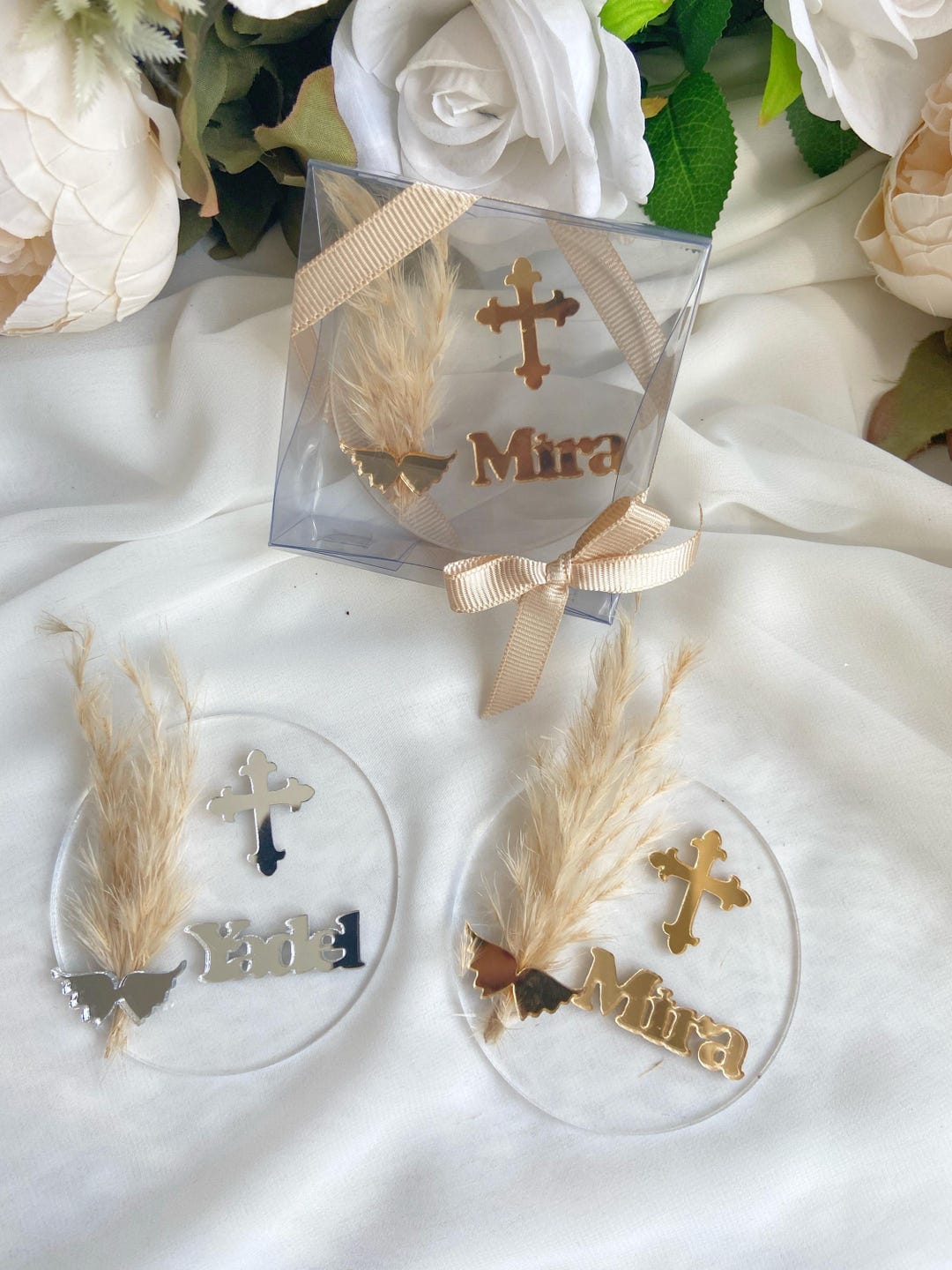 Personalised Baptism Cross and Angel Magnet Favor With Box, Custom ...