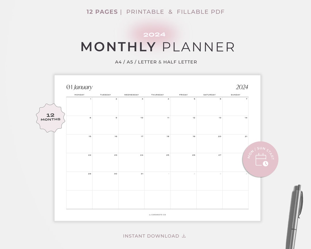 2024 Monthly Calendar Printable Template, 12 Months Planner Set ...